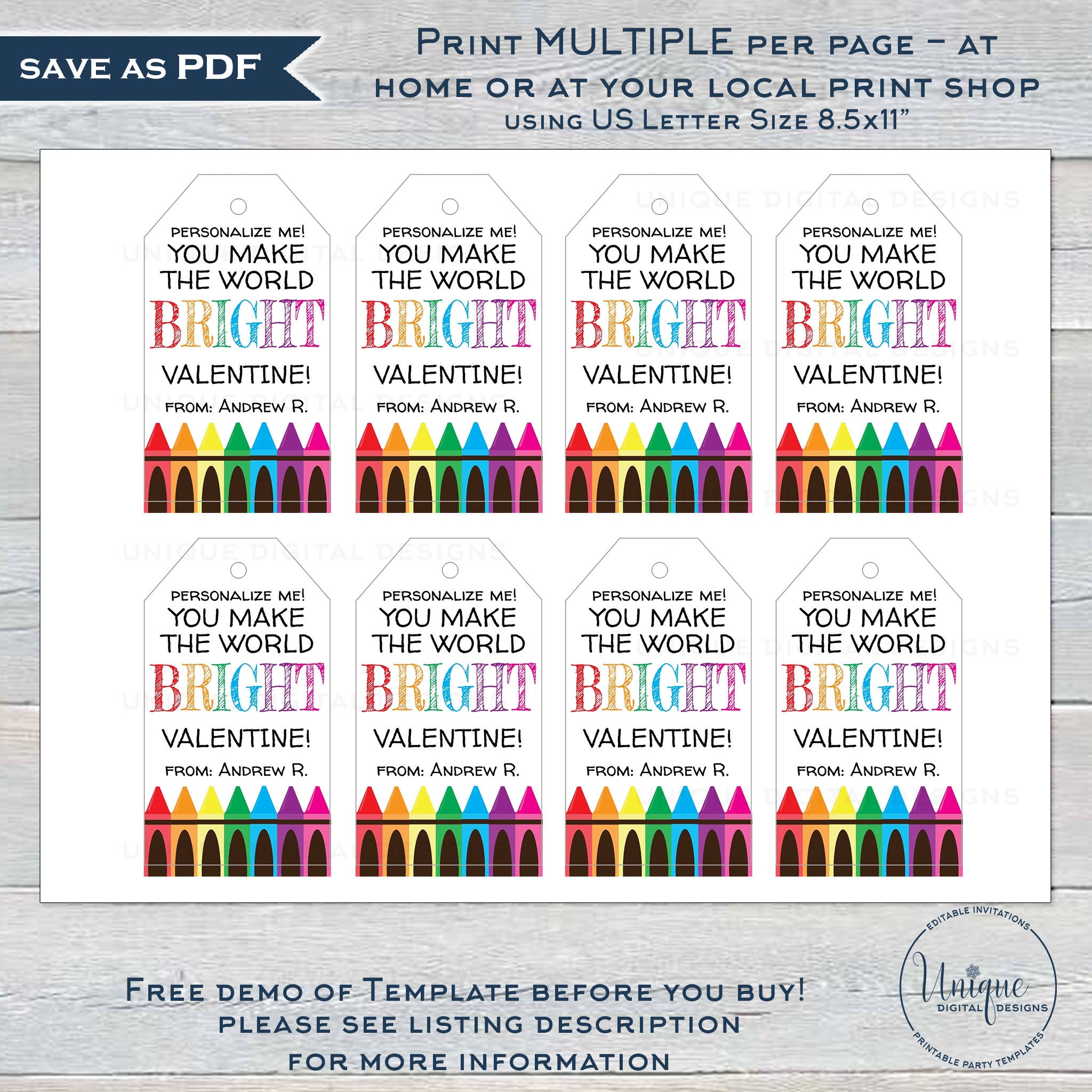 Editable Valentine's Crayon Gift Tags Color Your Heart - Etsy