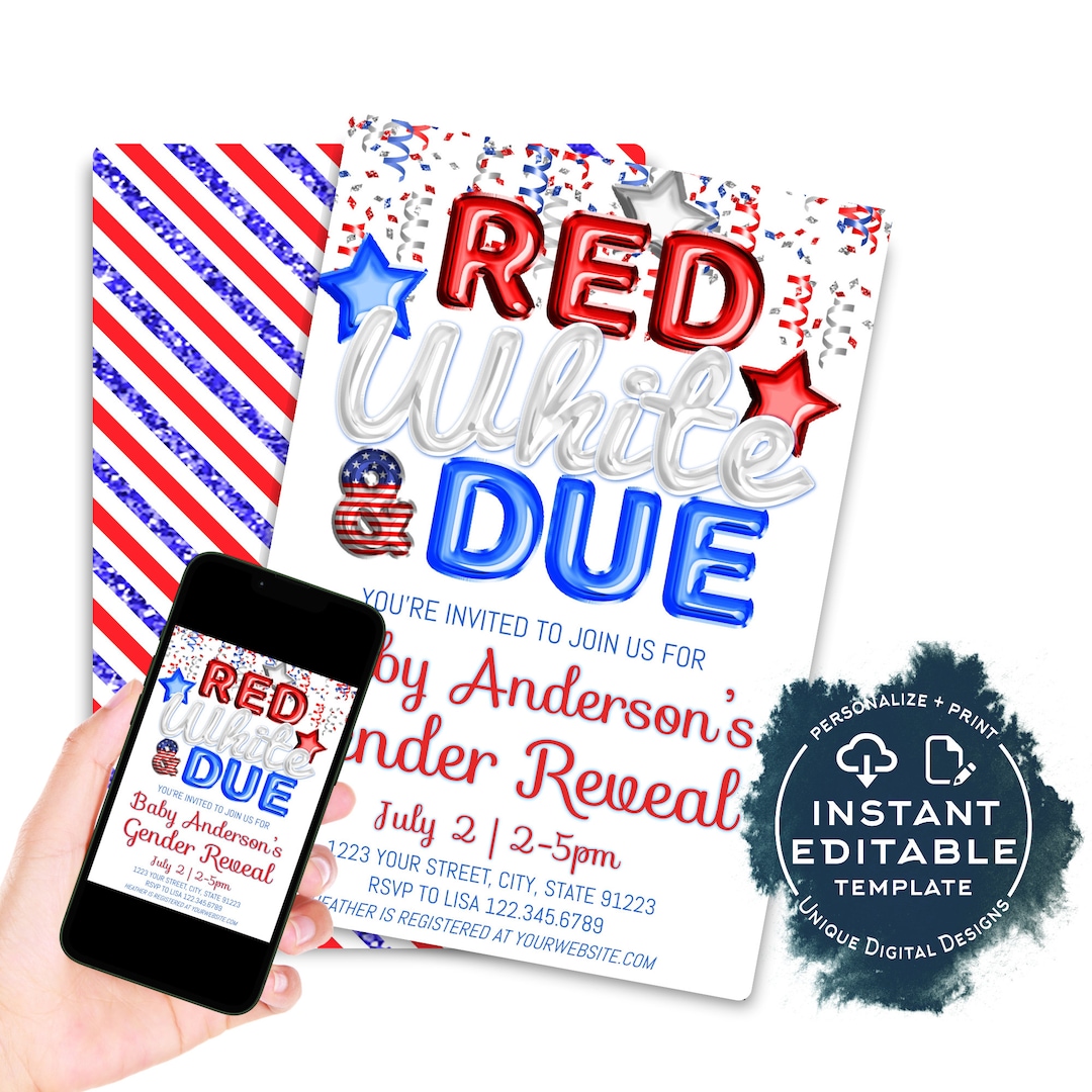 4th of July Gender Reveal Invitation, Editable Red White and Due BBQ ...