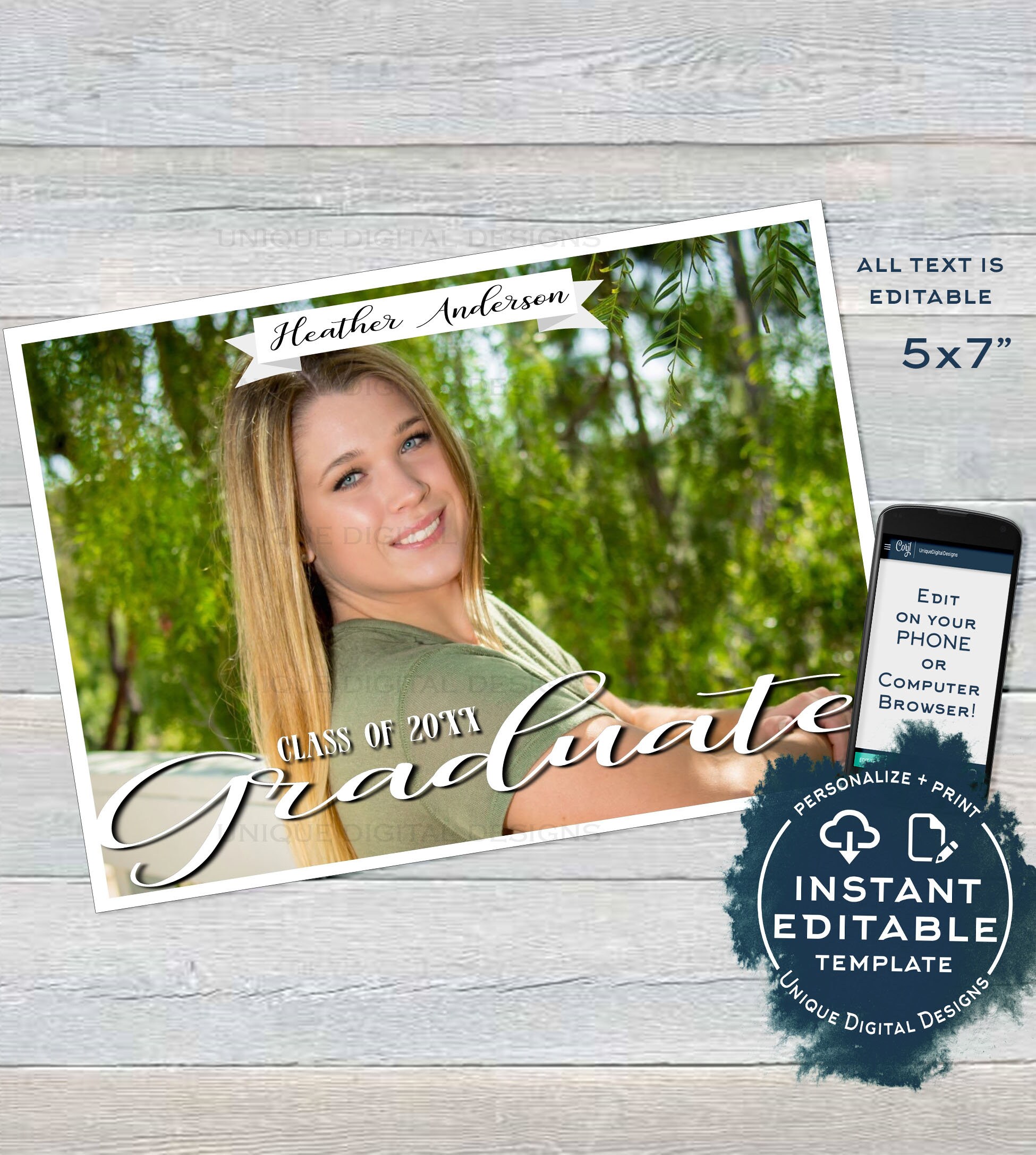 Graduation Card Editable Photo Grad Announcement Card Class | Etsy