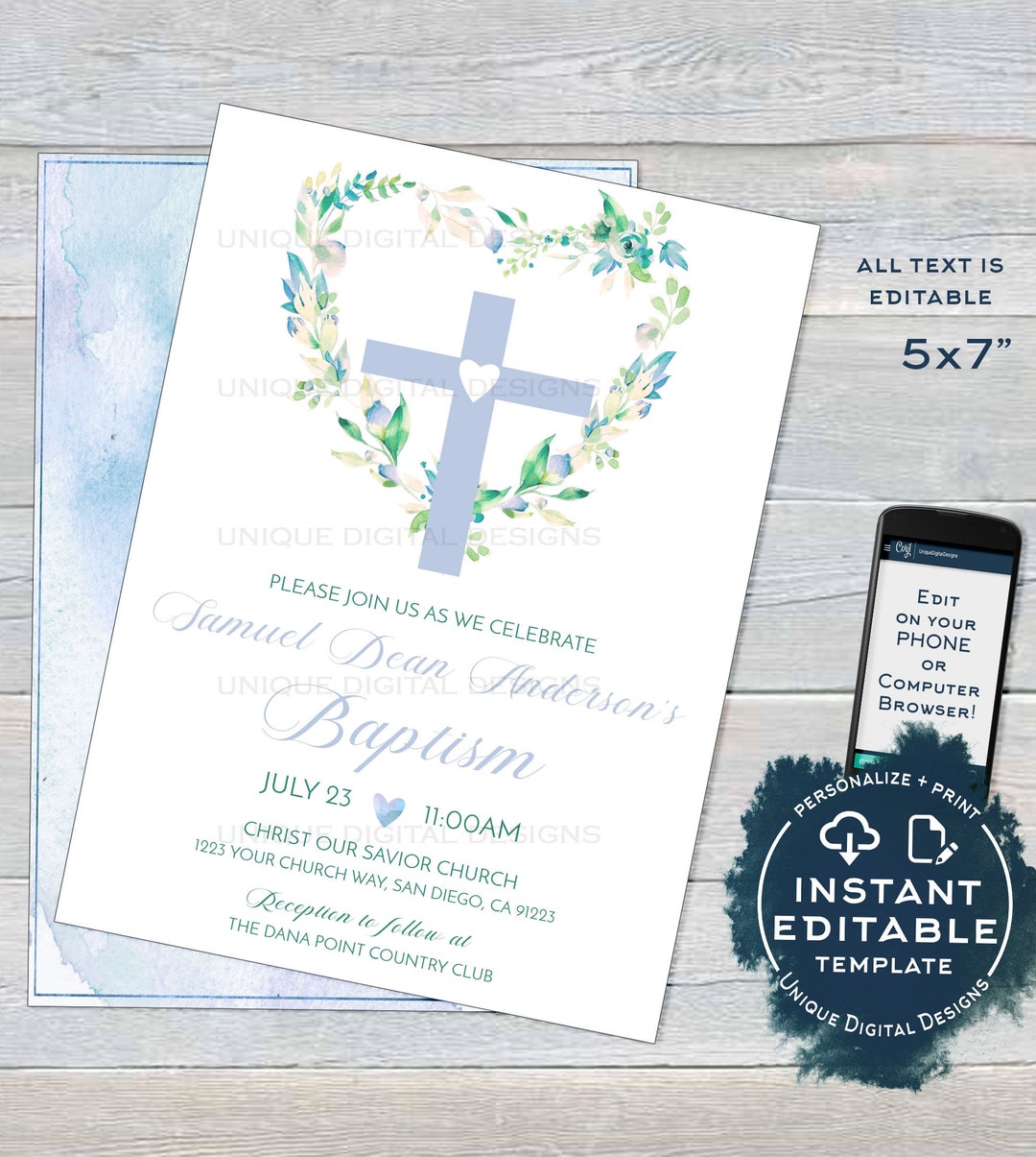 Editable Blue Floral Baptism Invitation Template, Baby Boys Baptism ...