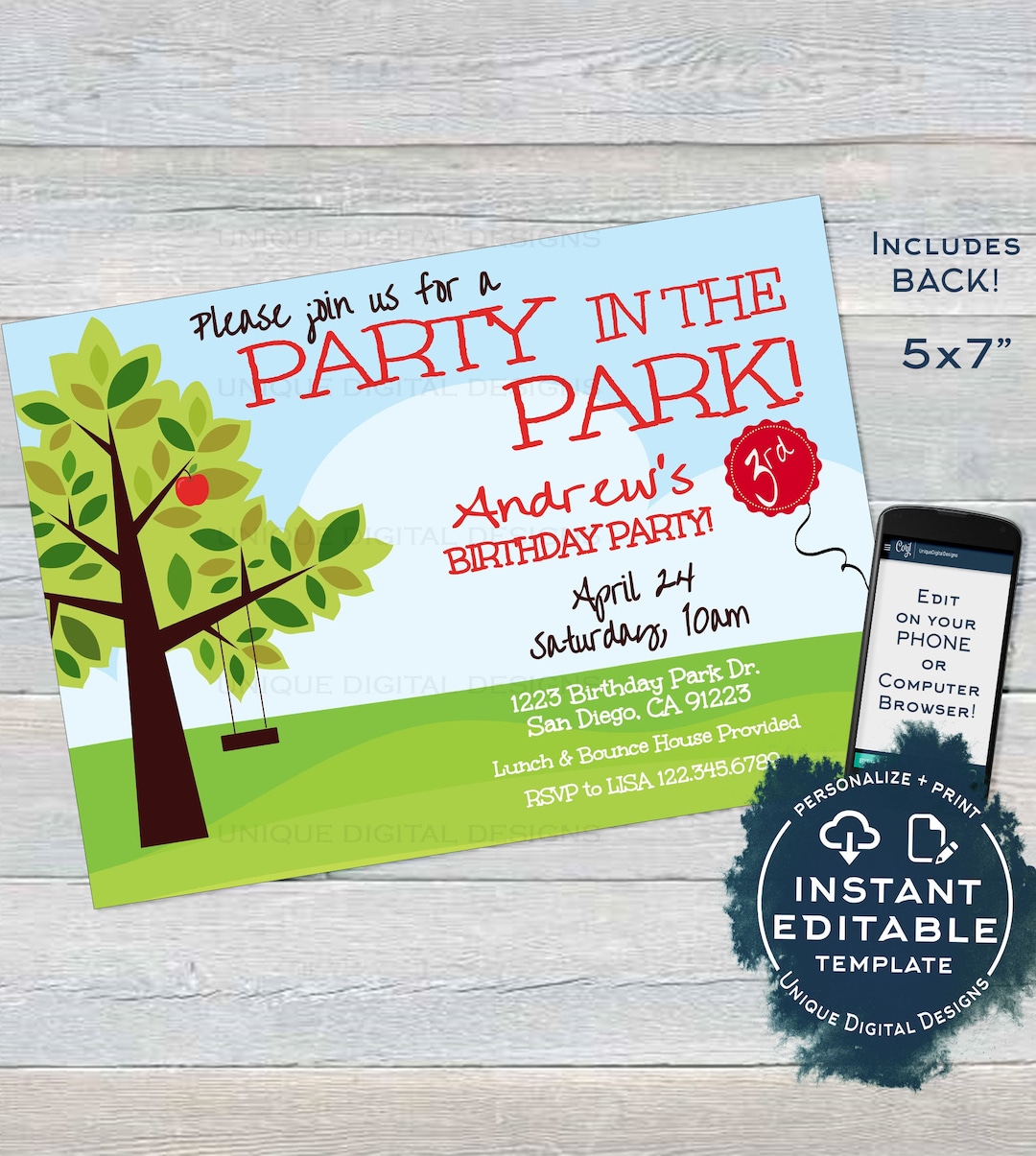 Park Birthday Party Invitation, Editable BBQ Picnic Party in the Park ...