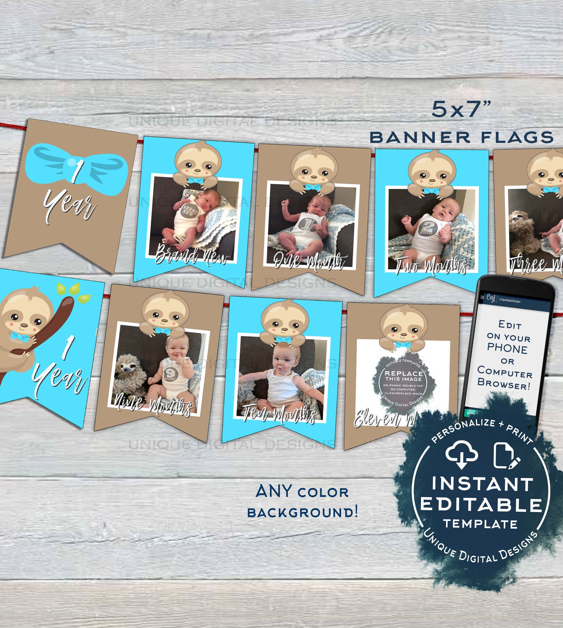 Sloth Banner Template Boy Sloth First Year Photo Banner | Etsy