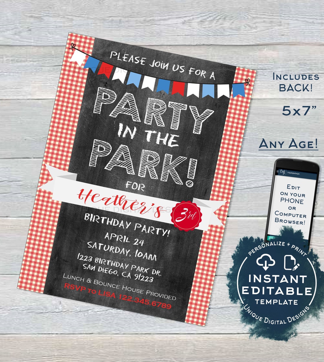 Park Birthday Party Invitation, Editable BBQ Picnic Party in the Park ...