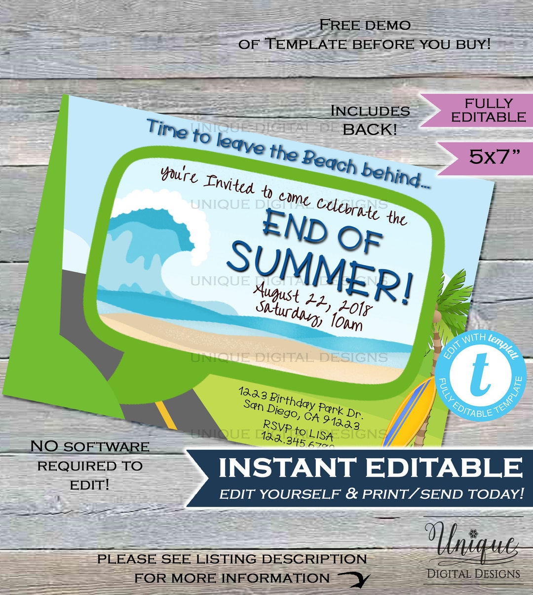 End of Summer Party Invitation Summer Beach Picnic Wagon Invite Surfs ...