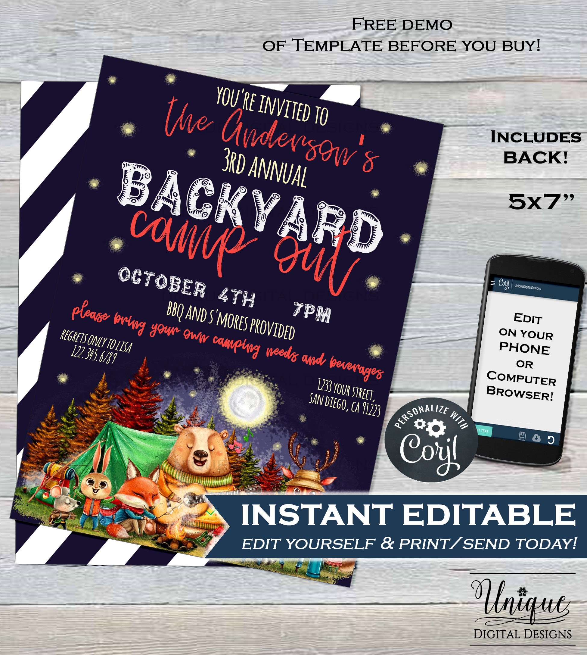 Backyard Camping Invitation Editable Birthday Bonfire Party | Etsy