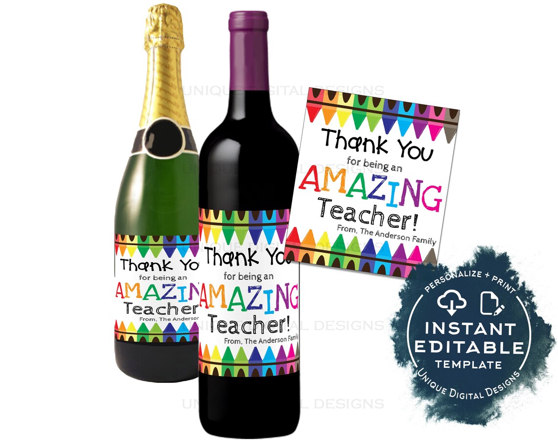 Teacher Appreciation Wine Bottle Label Editable Wine Label - Etsy