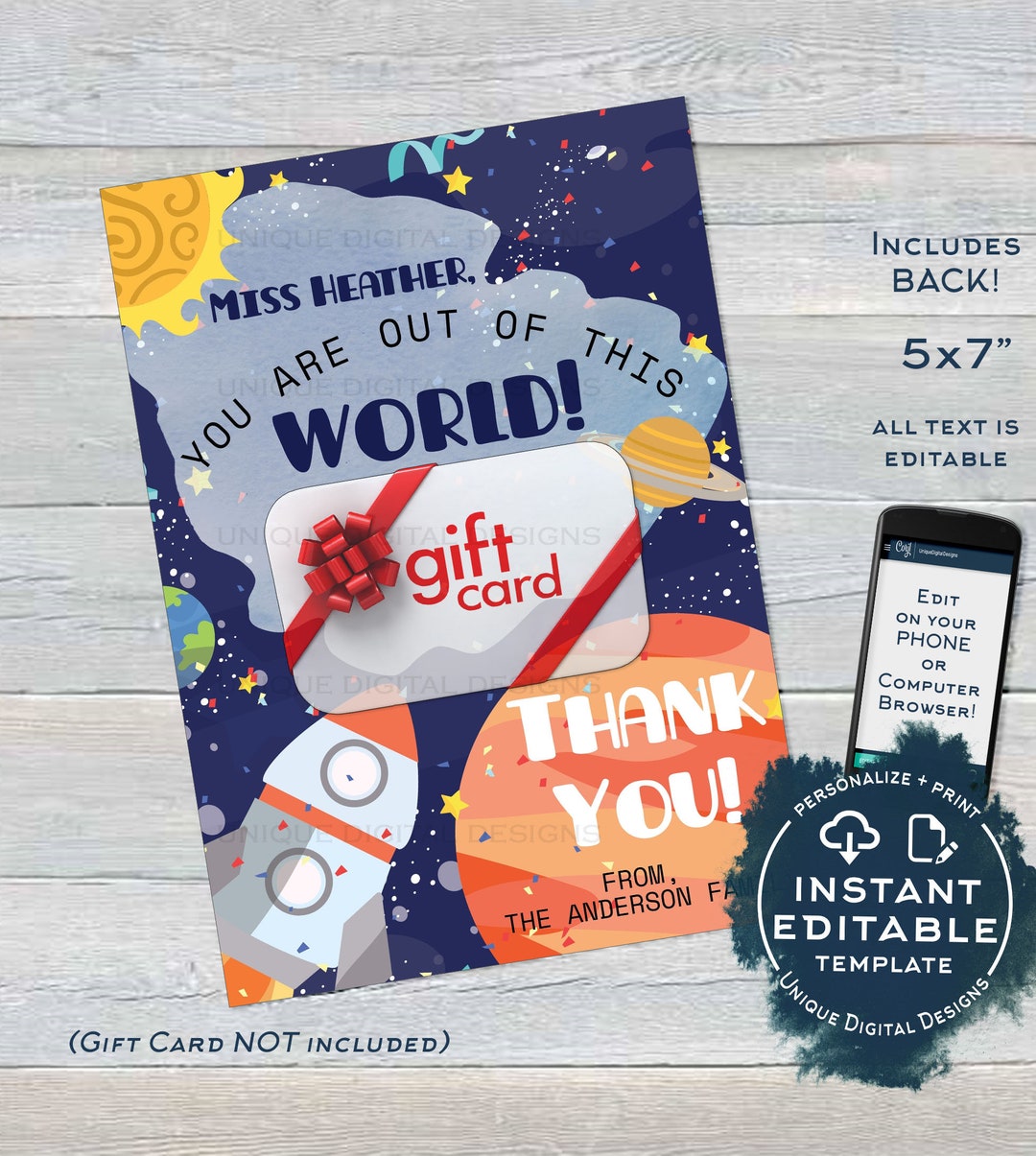 Editable Teacher Gift Card Holder, Staff Thank You Card, Space ...