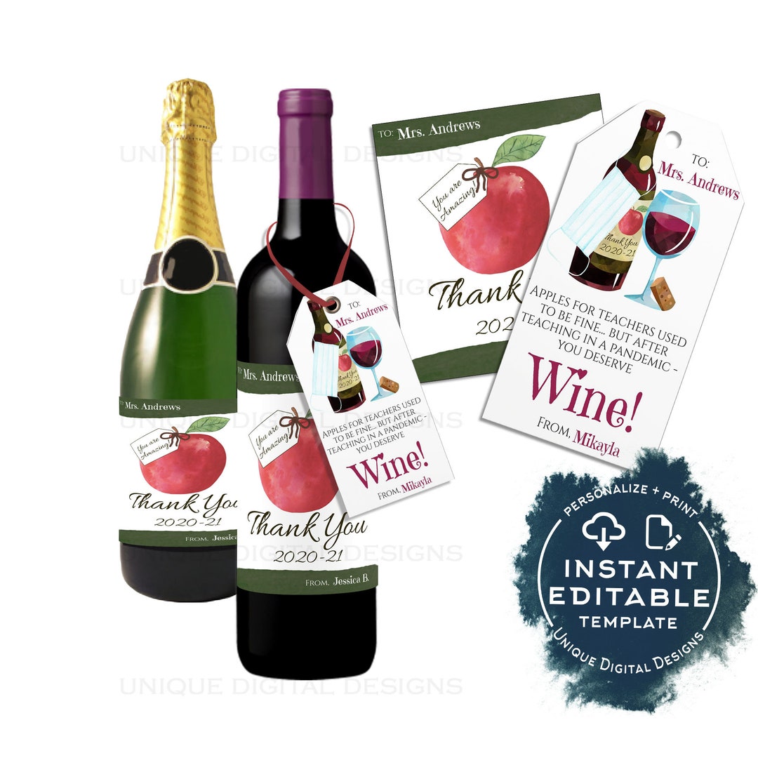 Teacher Appreciation Gift, Editable Wine Tag Template, Apples and Wine ...