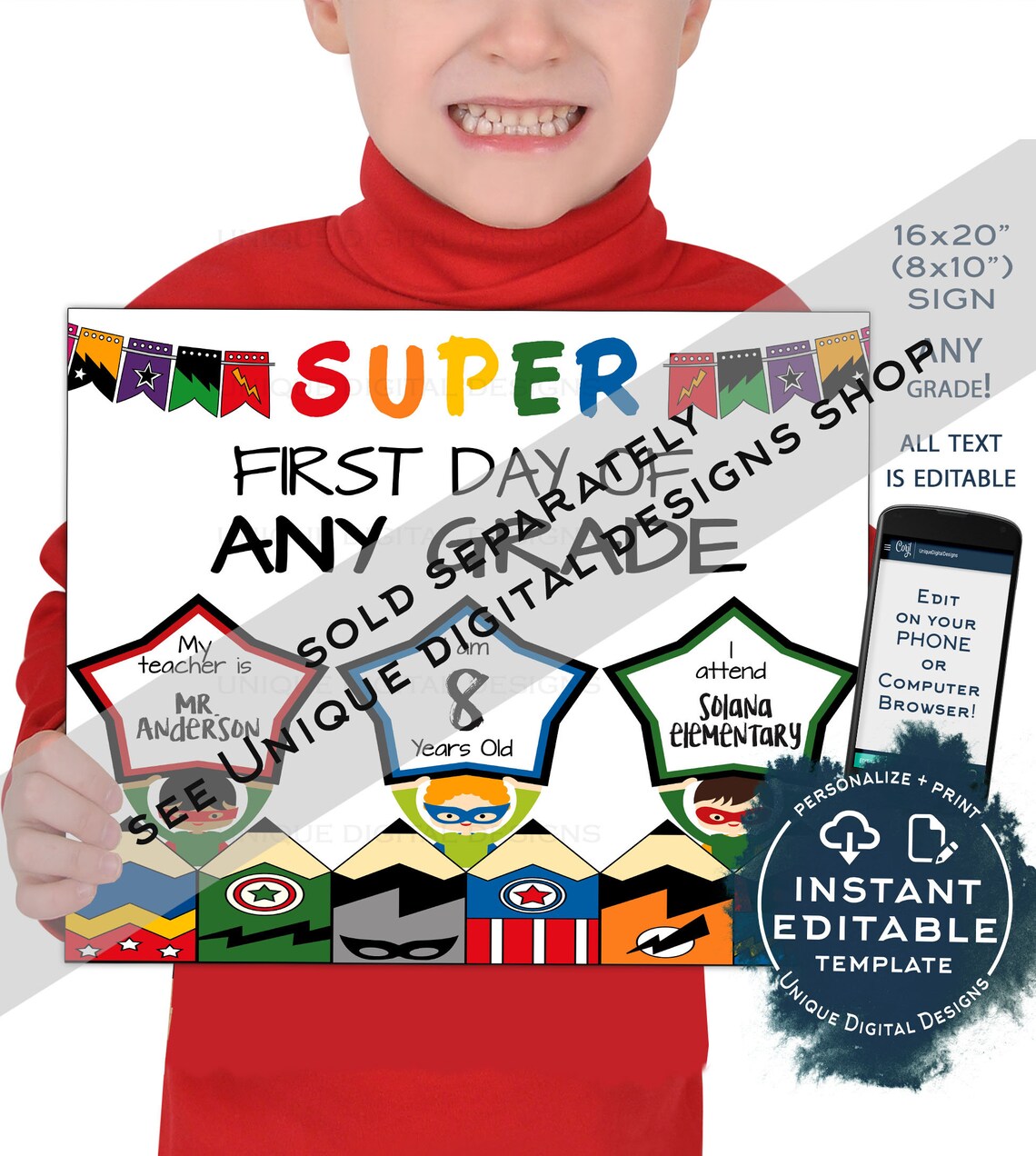 Editable Superhero First Day of School Sign Reusable Boys - Etsy