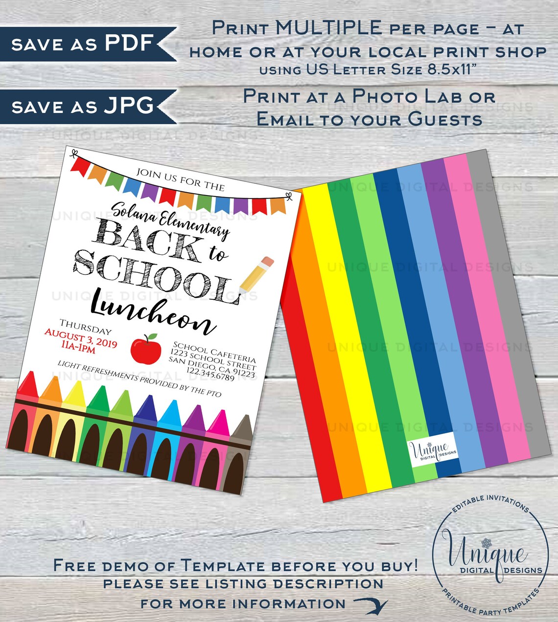 Back to School Luncheon Invitation, Editable Teacher PTA Invite, Crayon ...