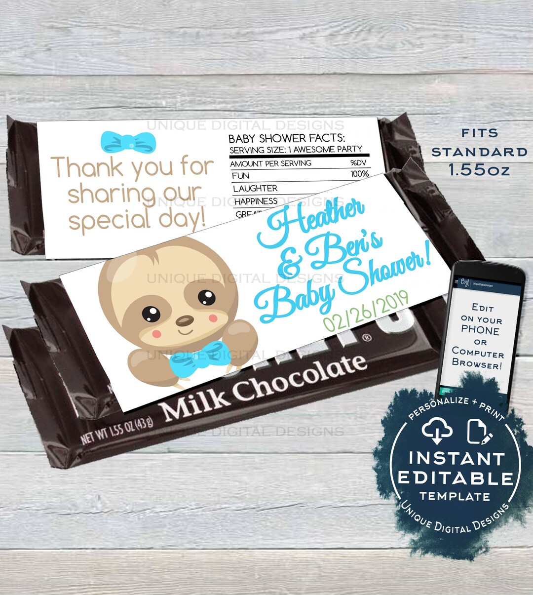 Cute Sloth Chocolate Wrapper Template, Editable Sloth Theme Baby Shower ...