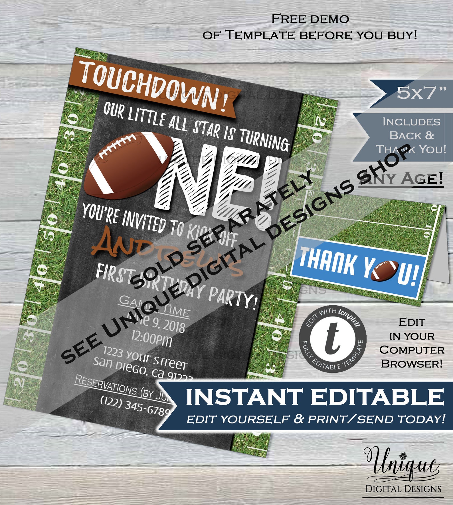 Football Birthday Invitation, Editable First Birthday Invite With Photo ...