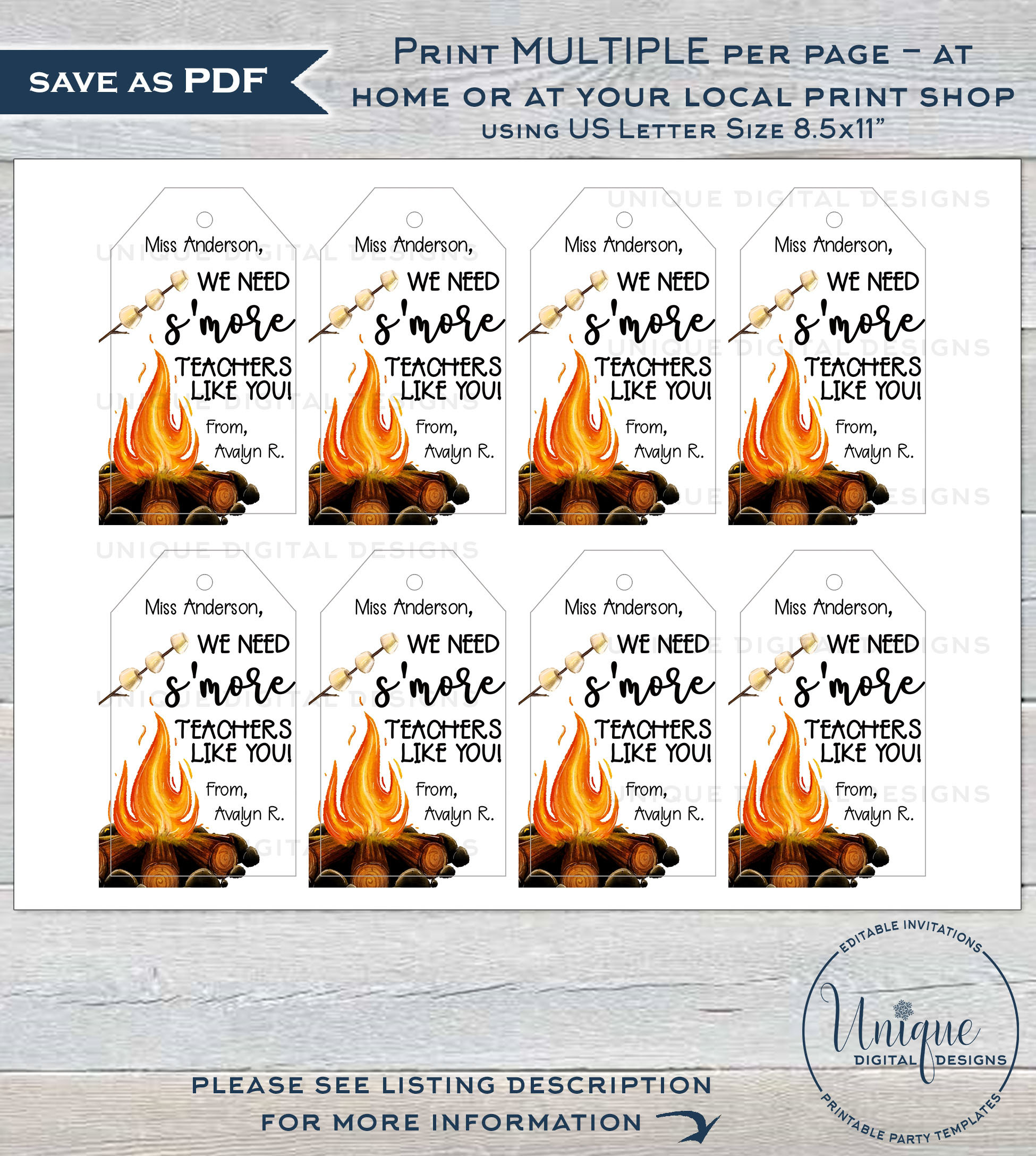 Editable Favor Tags for Teachers, Smore Teachers Like You, Kids Back to ...