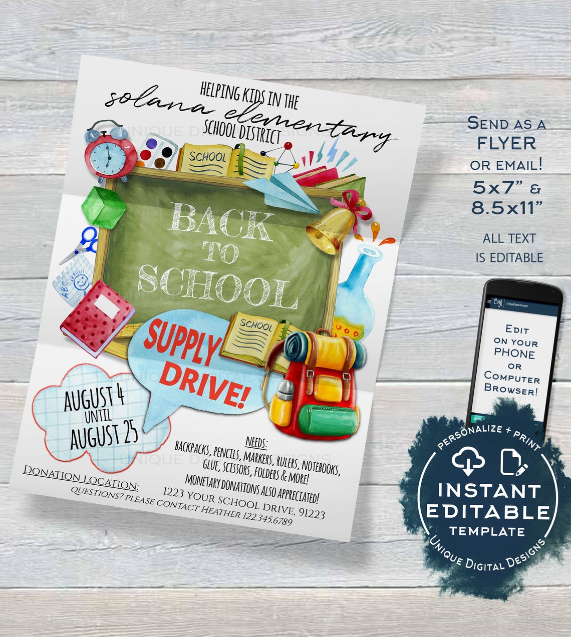 School Supply Drive Flyer, Editable School Donation Invitation ...