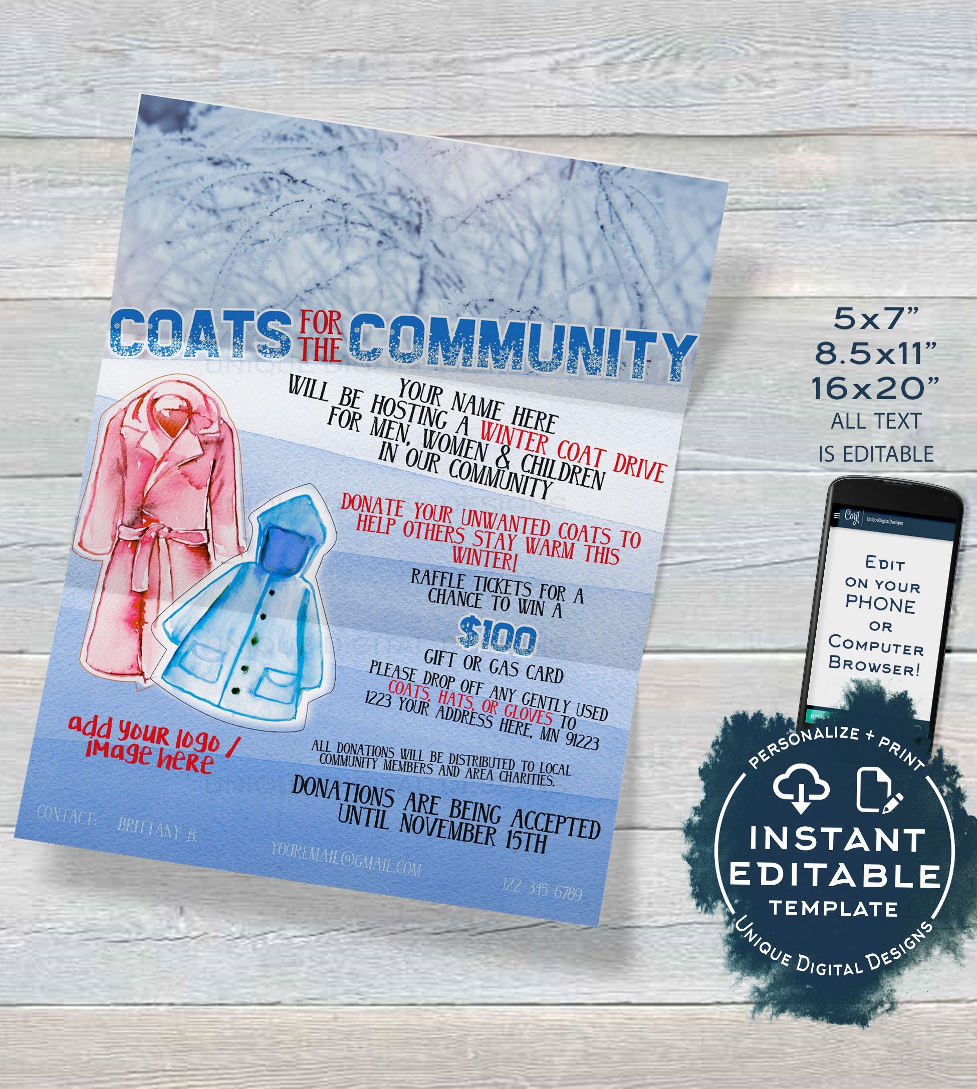 Editable Winter Coat Drive Flyer, Coats for the Community Fundraiser ...