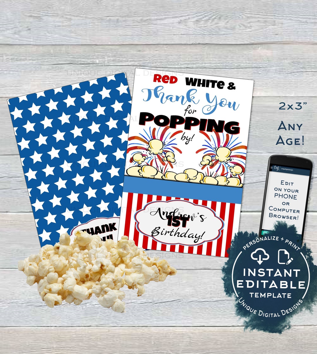4th of July Popcorn Tag, Editable Popcorn Party Favor Labels, Food Tag ...
