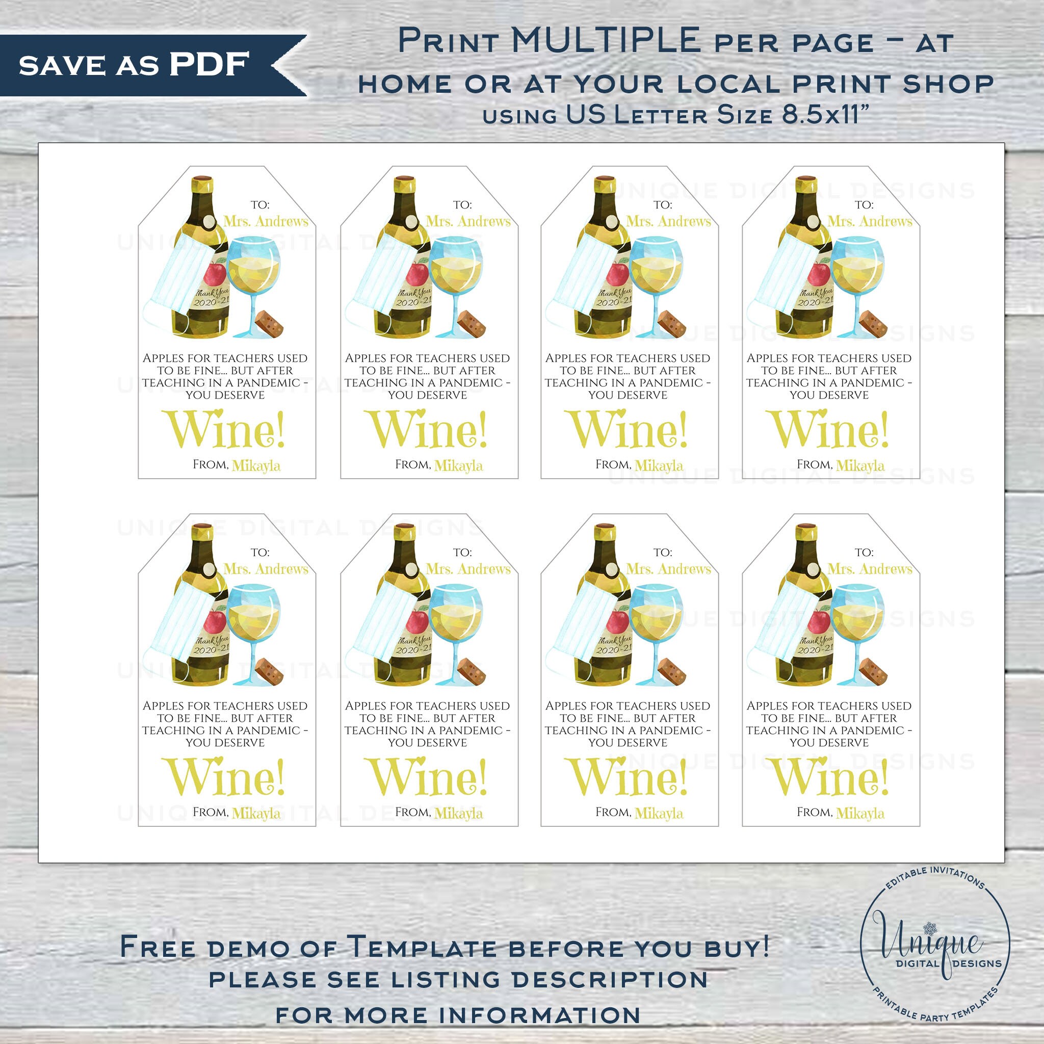 Teacher Appreciation Gift Editable Wine Tag Template Apples - Etsy