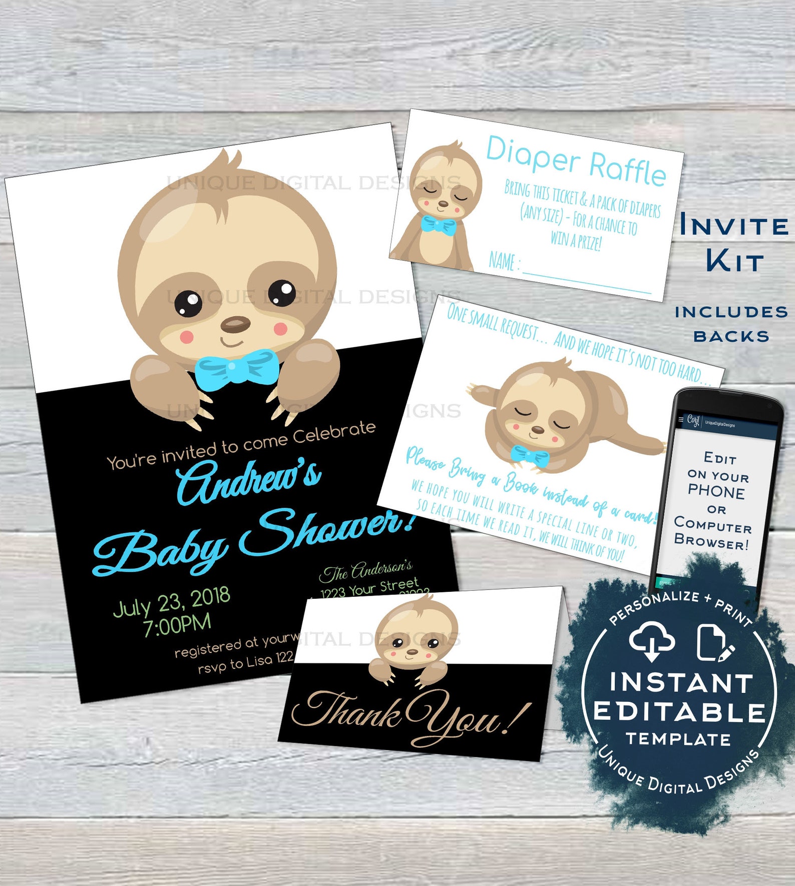 Sloth Baby Shower Invitation KIT Editable Boys Sloth Baby - Etsy