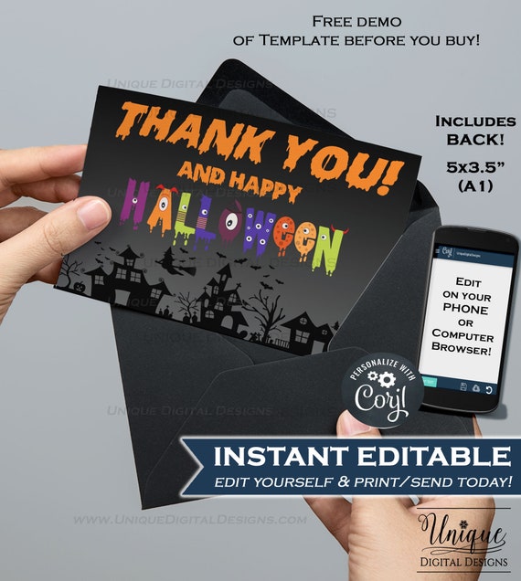 Printable Halloween Thank You Cards Editable Halloween Thank | Etsy