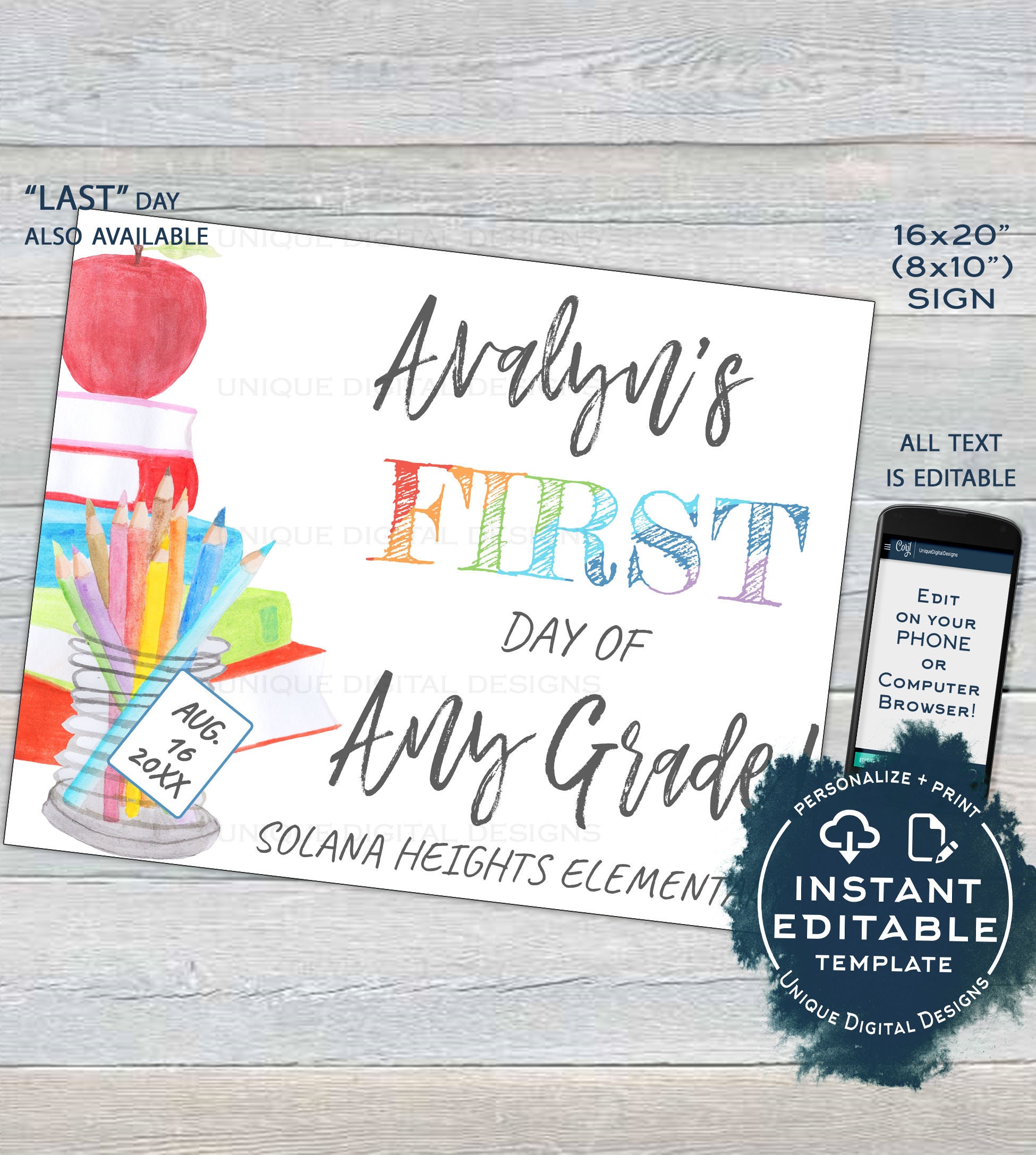 Editable Back to School Sign, School Supplies First Day of School ...