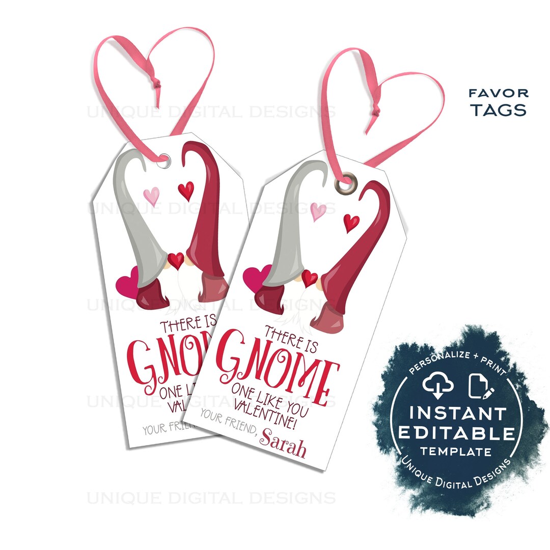 Editable Gnome Valentine's Gift Tags, Personalized Valentine Kids Gift ...