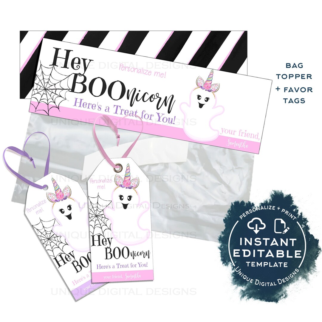 Editable Halloween Favor Tags, Hey Boo Unicorn Personalized Halloween ...