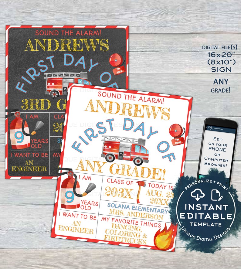 Editable First Day of School Sign Firetruck Back to School - Etsy