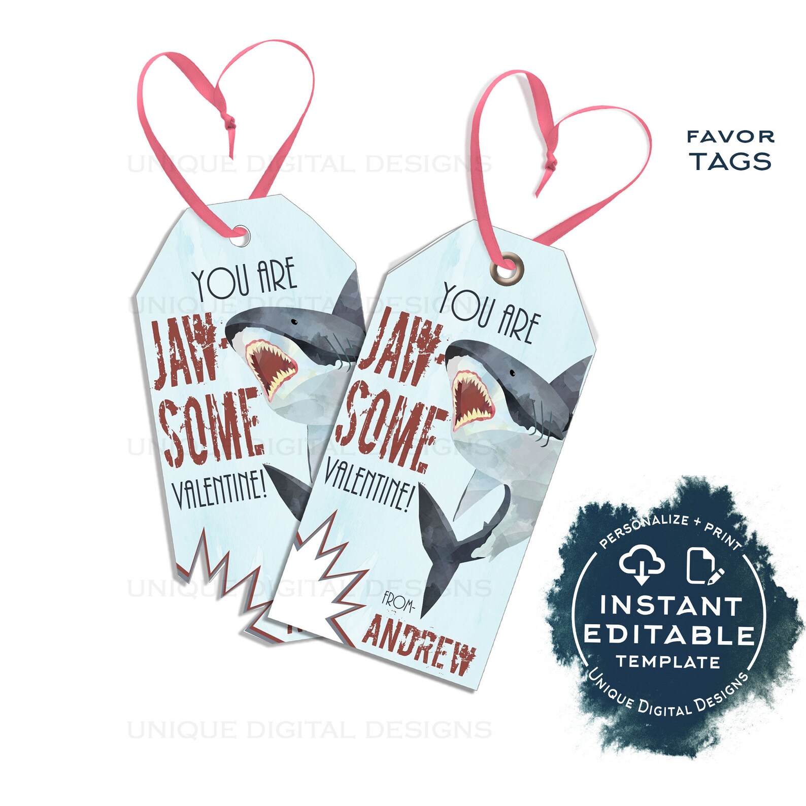 Editable Valentines Favor Tag Jawsome Shark Valentine Tags - Etsy