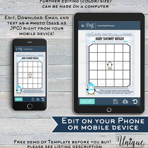 Editable Baby Shower Bingo Cards, Penguin Theme Baby Shower Game, Its a ...