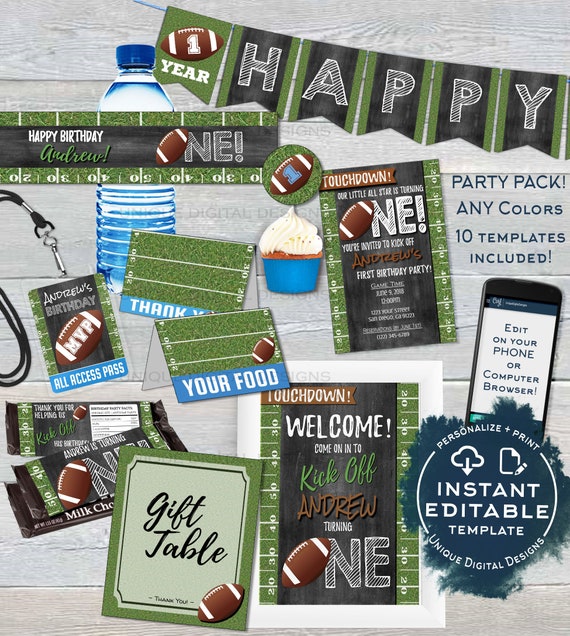 Football Birthday Decorations Kit Editable Invitation Label - Etsy
