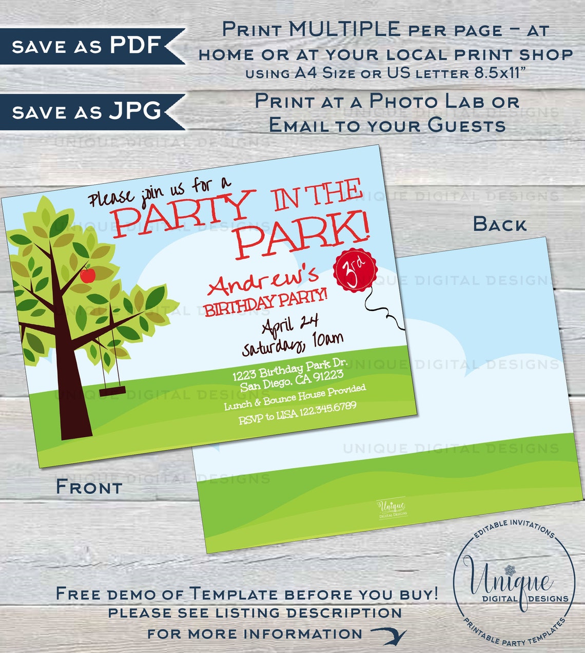 Park Birthday Party Invitation, Editable BBQ Picnic Party in the Park ...