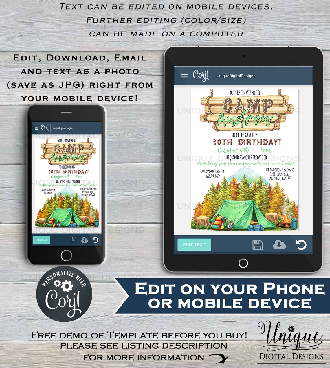 Camping Birthday Invitation, Editable Glamping Invitation, Backyard ...