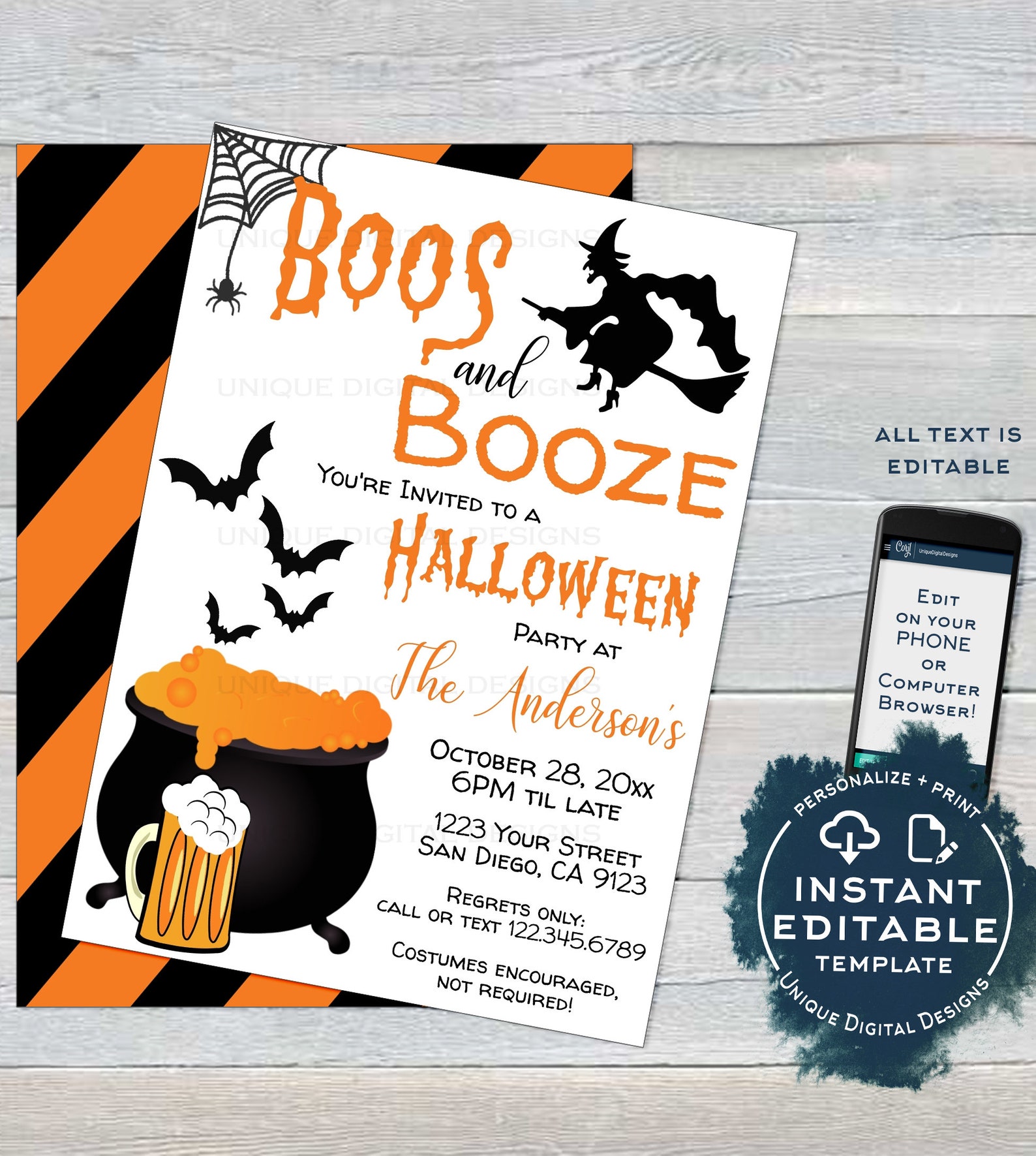 Boos and Booze Invitation Editable Halloween Party Invite Boo | Etsy