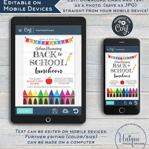 Back to School Luncheon Invitation, Editable Teacher PTA Invite, Crayon ...