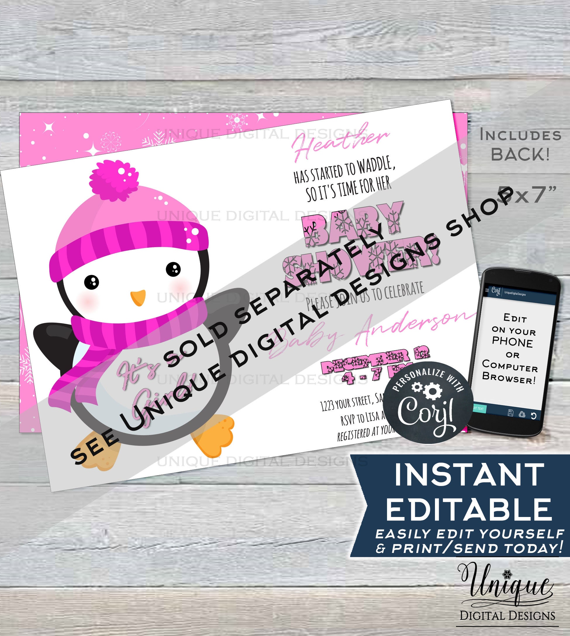 Baby Shower Bingo Card, Editable Penguin Theme Baby Shower Game, Its a ...