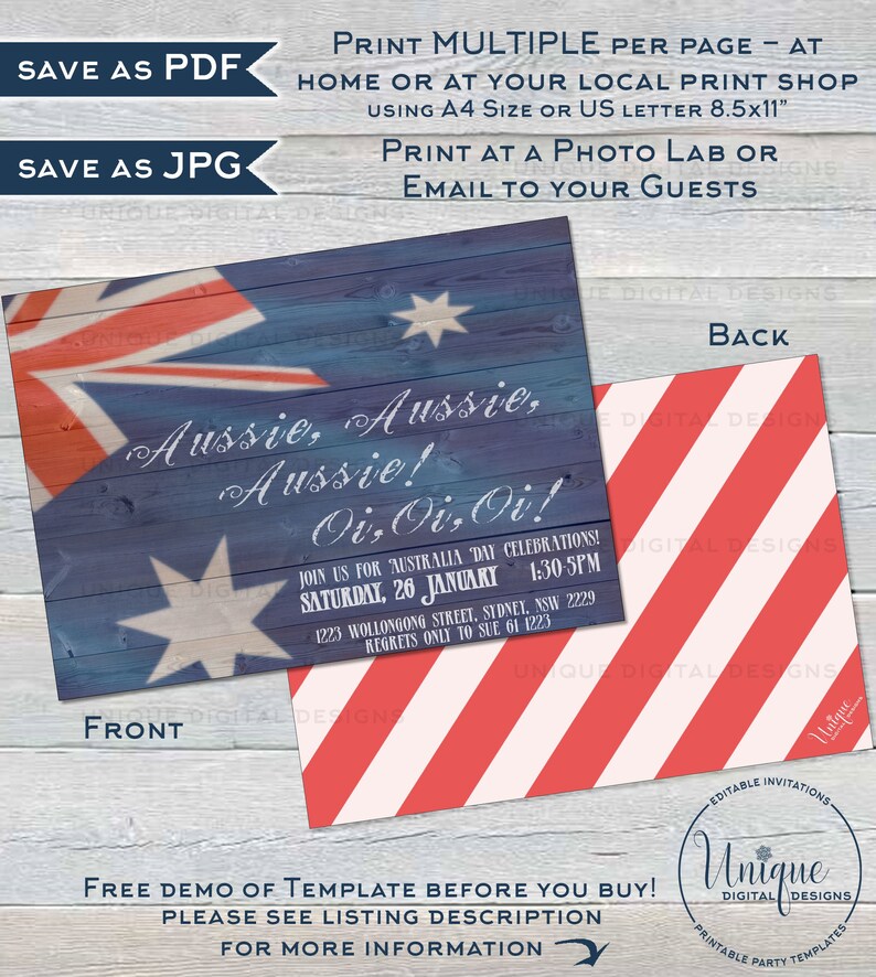 Australia Day Invitation, Editable Rustic Aussie Invite, Aussie Oi Oi ...