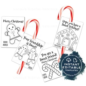 Color in Gift Candy Cane Christmas Favors Tag, Kids Classroom Editable ...