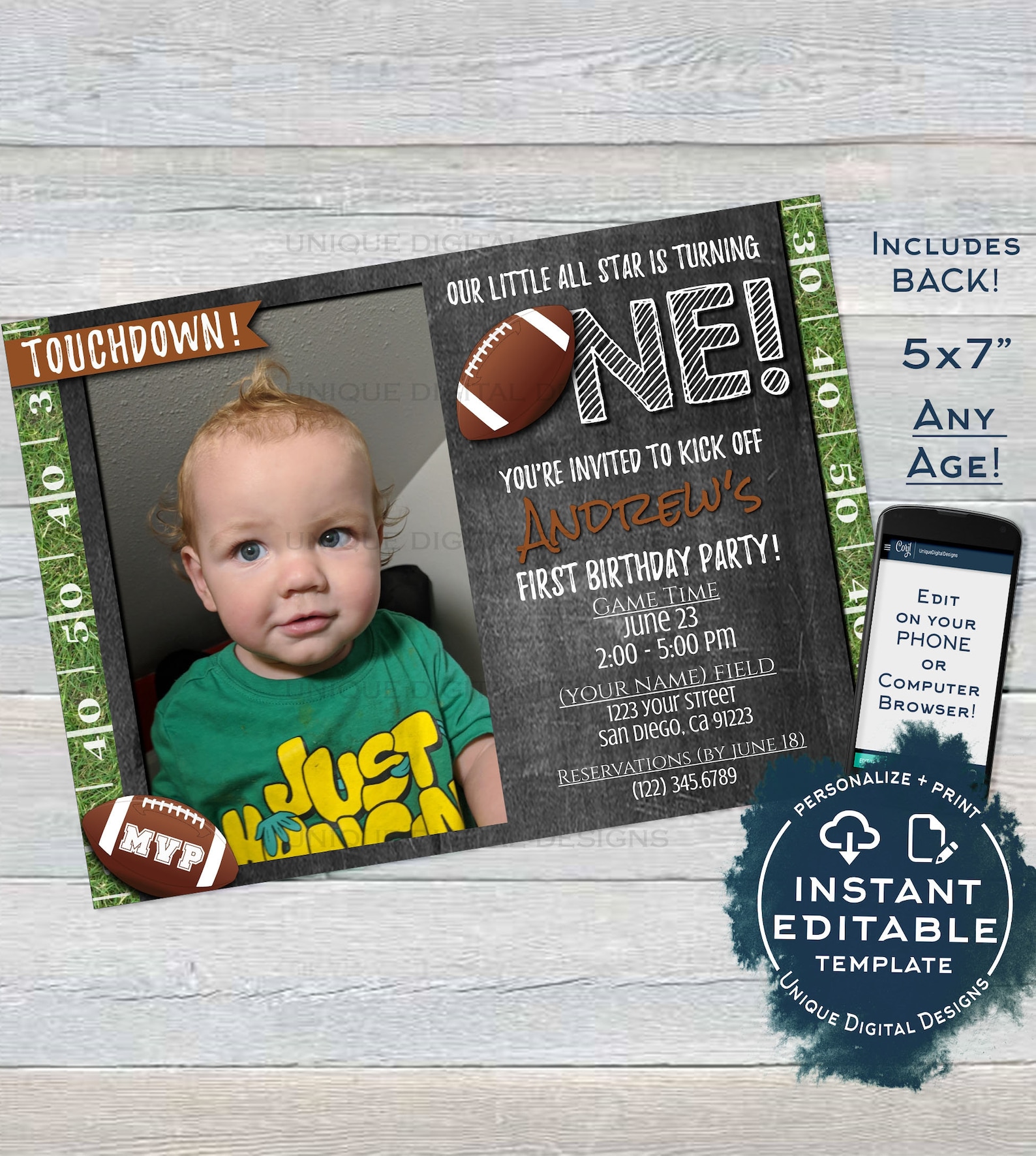 Football Birthday Invitation, Editable First Birthday Invite With Photo ...