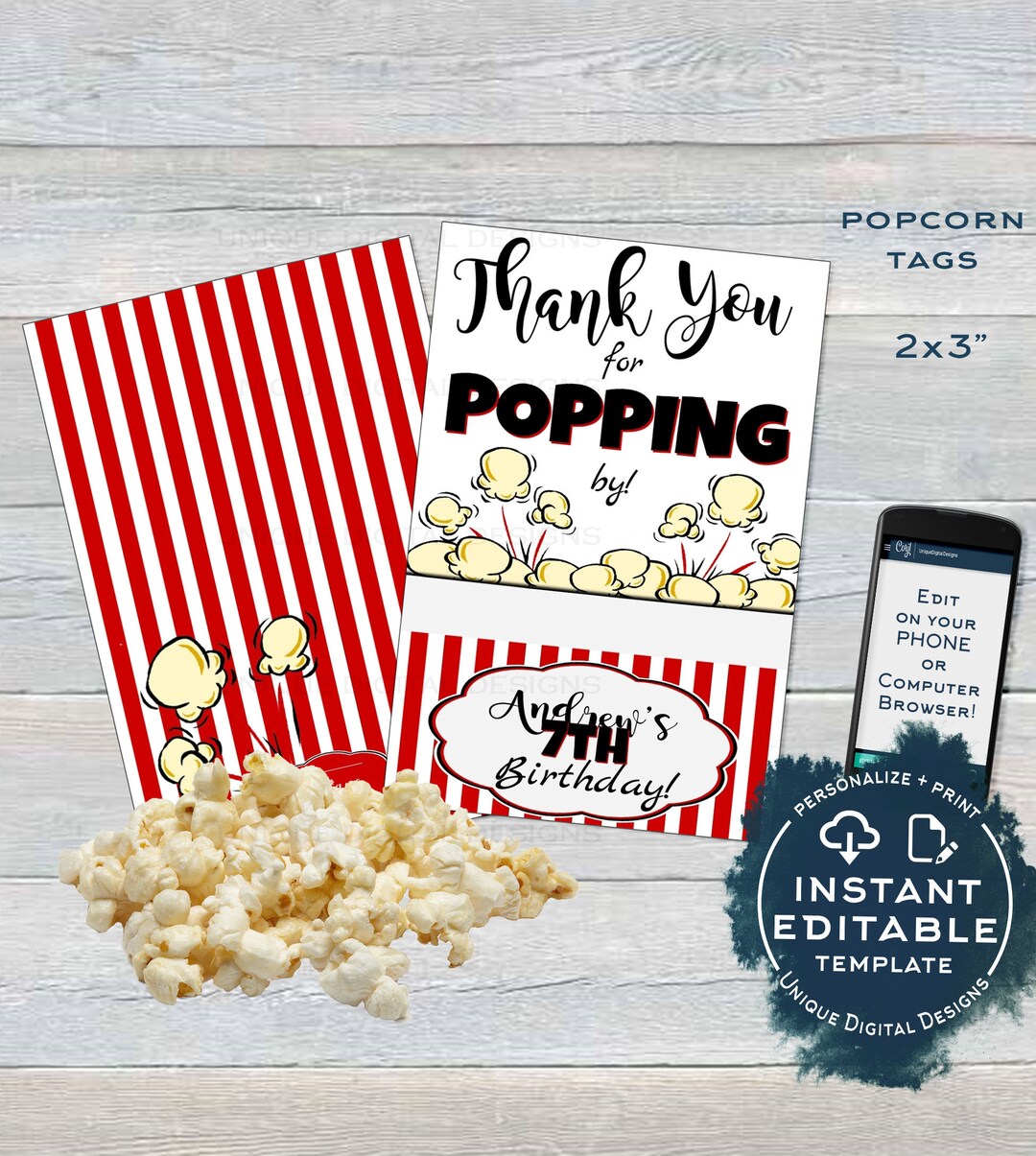 Popcorn Tag, Editable Popcorn Party Favor Labels, Food Tag Birthday ...