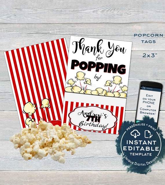 Popcorn Tag Editable Popcorn Party Favor Labels Food Tag - Etsy