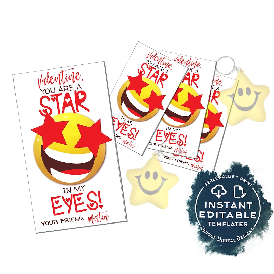 Valentine's Gift Tags, Editable Emoji Valentine Cards, Star in My Eyes ...