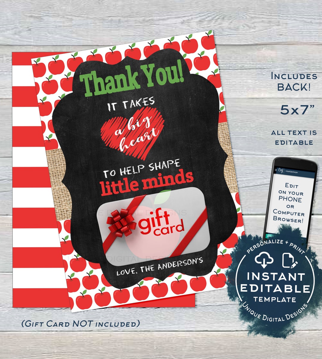 Editable Teacher Gift Card Holder, Staff Thank You Card, Love Apple ...
