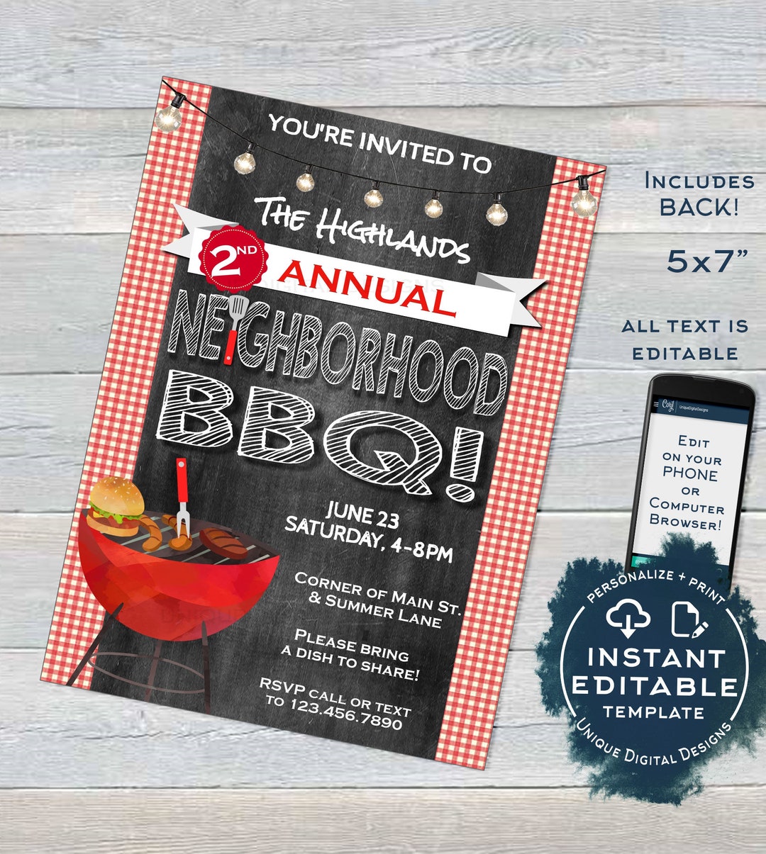 Neighborhood BBQ Invitation, Editable Backyard Summer Block Party Grill ...