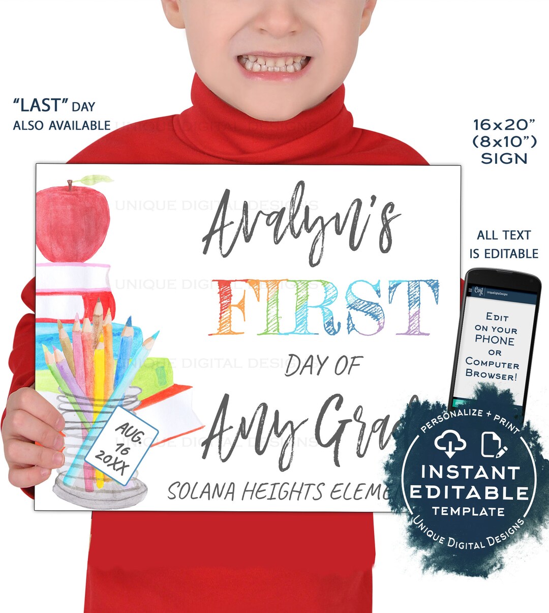 Editable Back to School Sign, School Supplies First Day of School ...