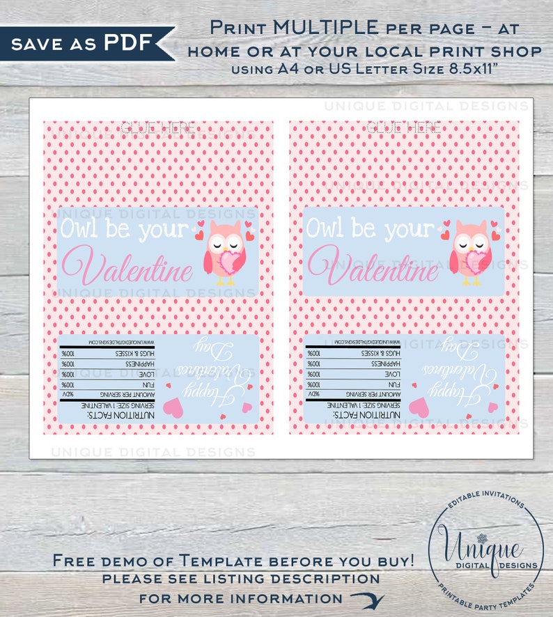 Editable Owl Valentines Day Candy Bar Wrapper Love Chocolate | Etsy
