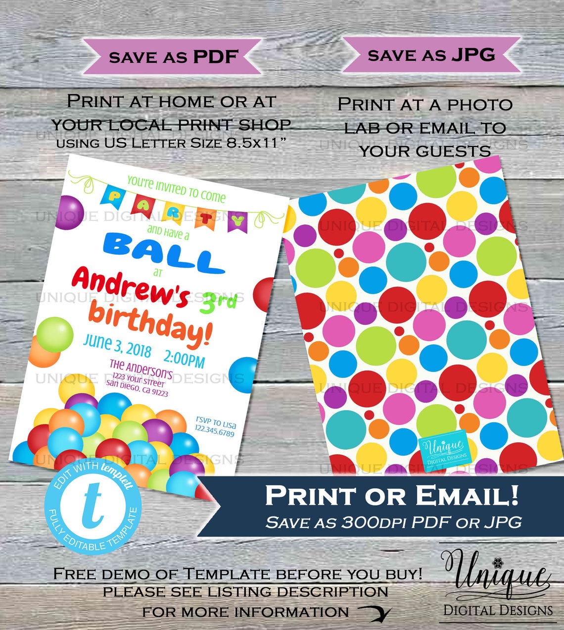 Ball Party Invitation Summer Boys or Girls Birthday Party Ball Pit Jump ...