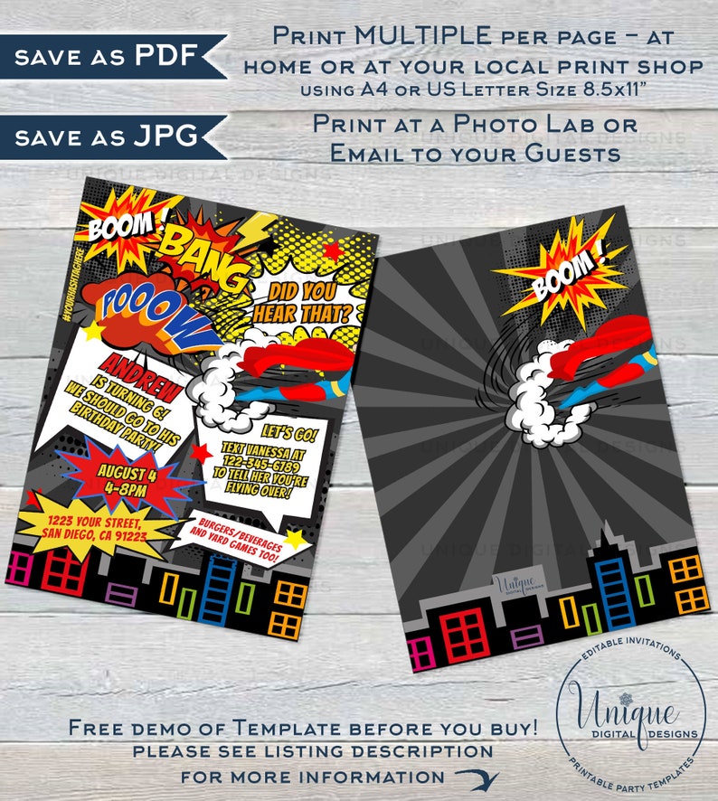 Comic Book Superhero Birthday Invitation Editable Boys - Etsy