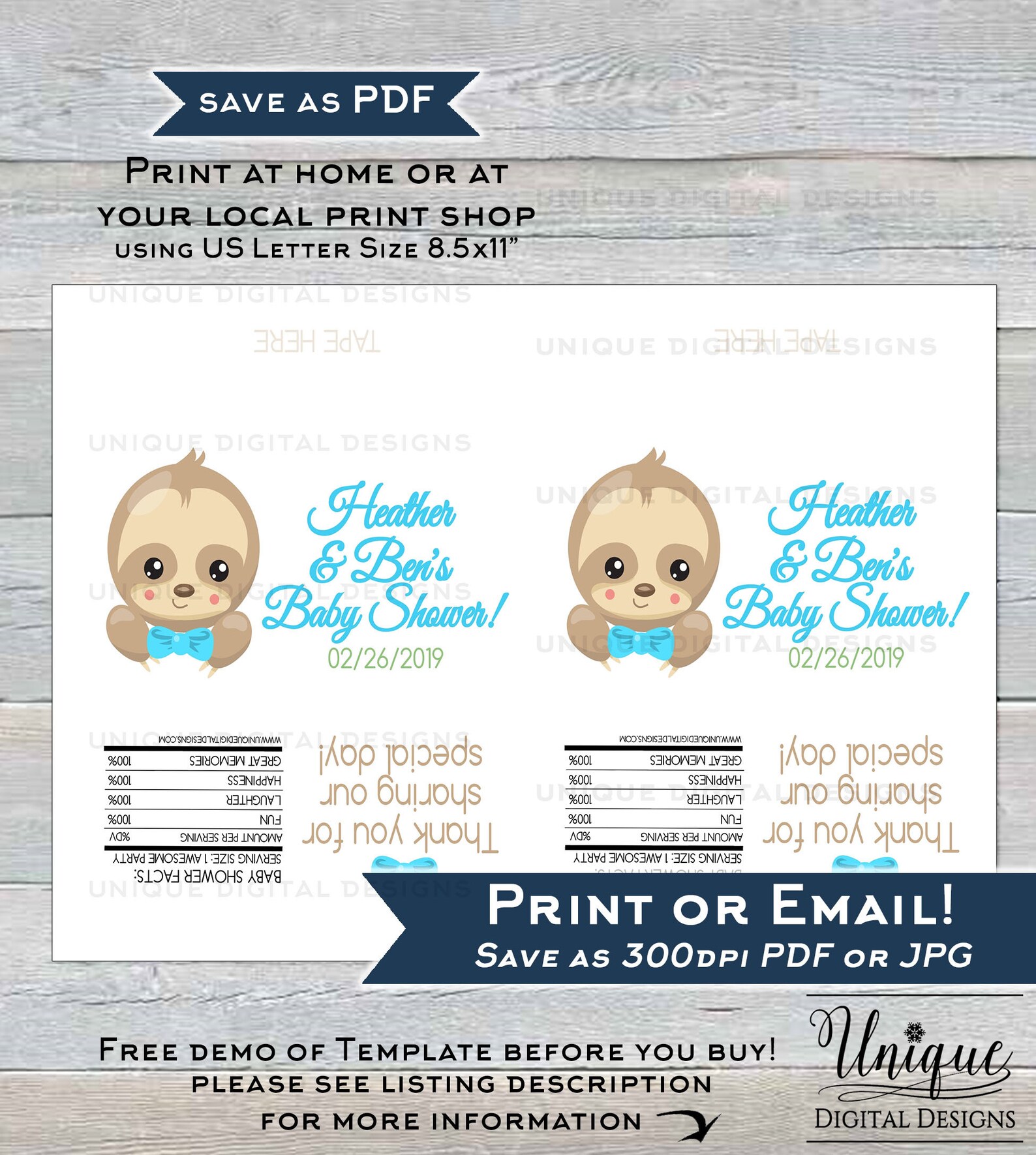 Cute Sloth Chocolate Wrapper Template, Editable Sloth Theme Baby Shower ...