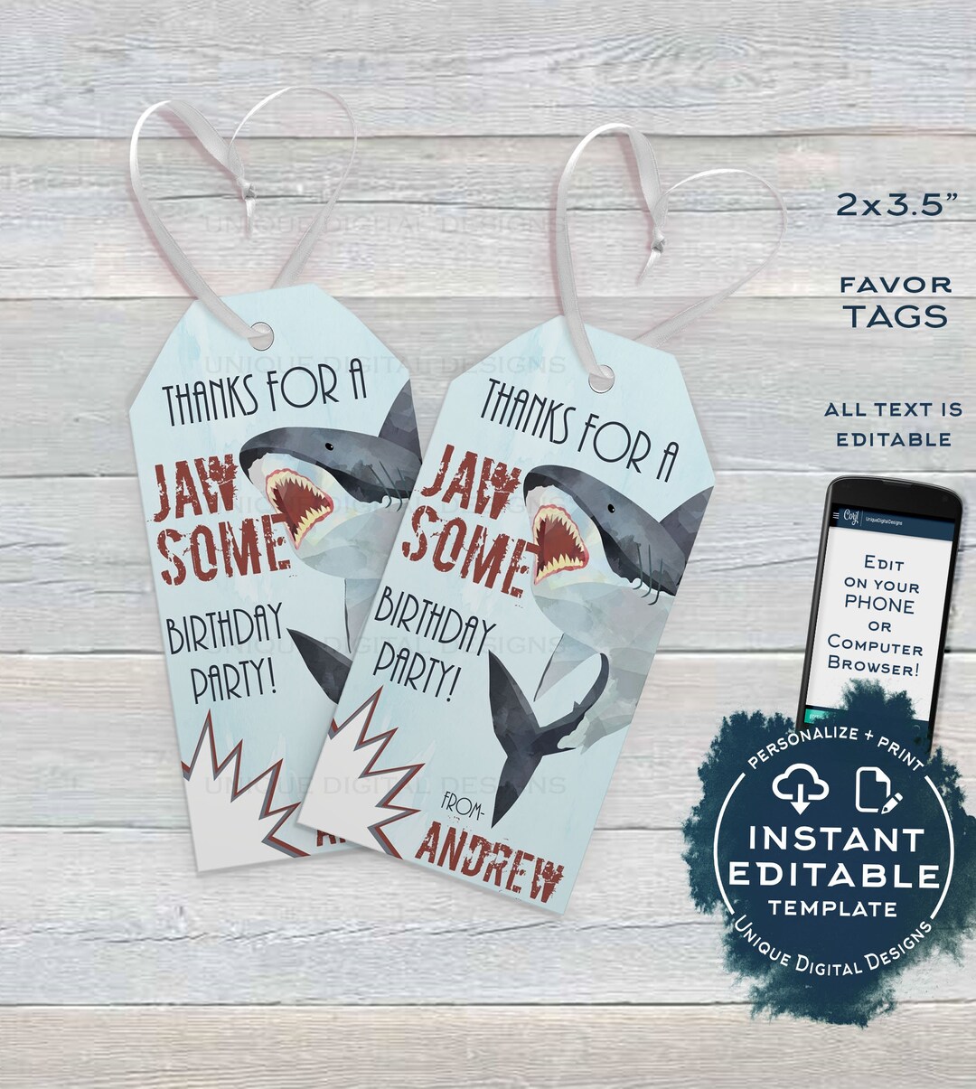 Editable Birthday Favor Tag, Shark Party Favor, Jawsome Thank You Favor ...