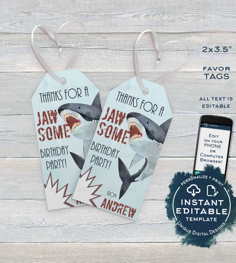 Editable Birthday Favor Tag Shark Party Favor Jawsome Thank | Etsy